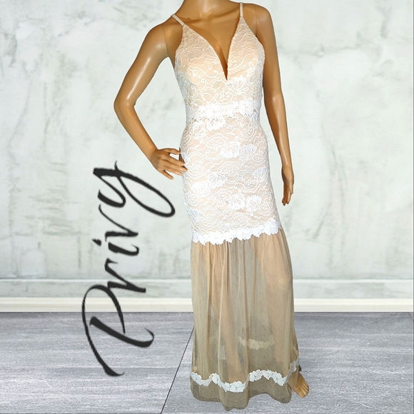 privy | Dresses | Privy Bodycon Vcut Front Gold Zipup Sheer Lacy Maxi ...